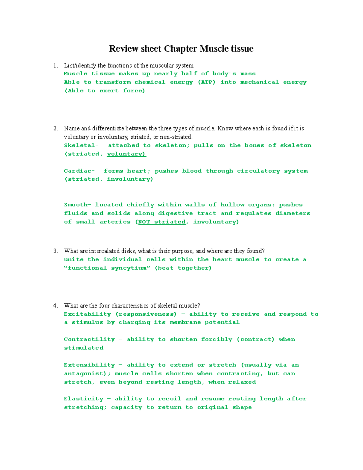 Review sheet Muscle tissue - Review sheet Chapter Muscle tissue List ...