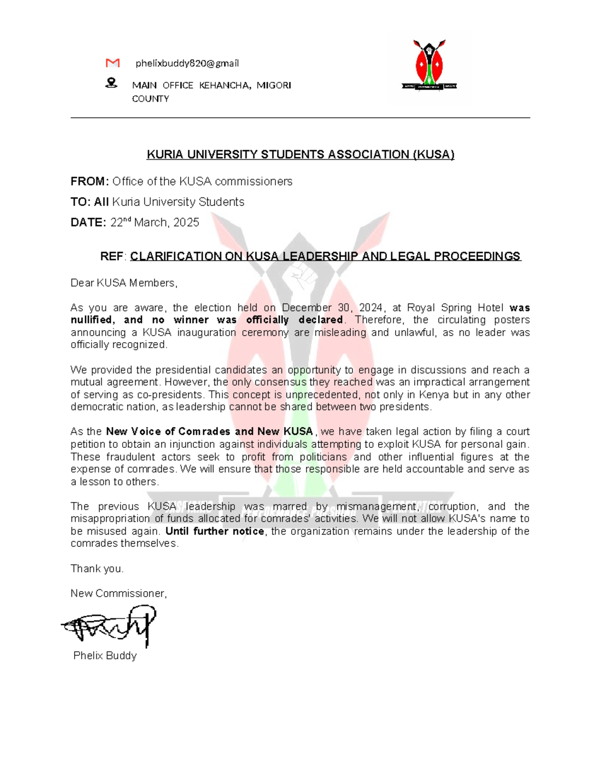 Clarification on KUSA Leadership & Legal Matters - KUSA 2025 - Studocu