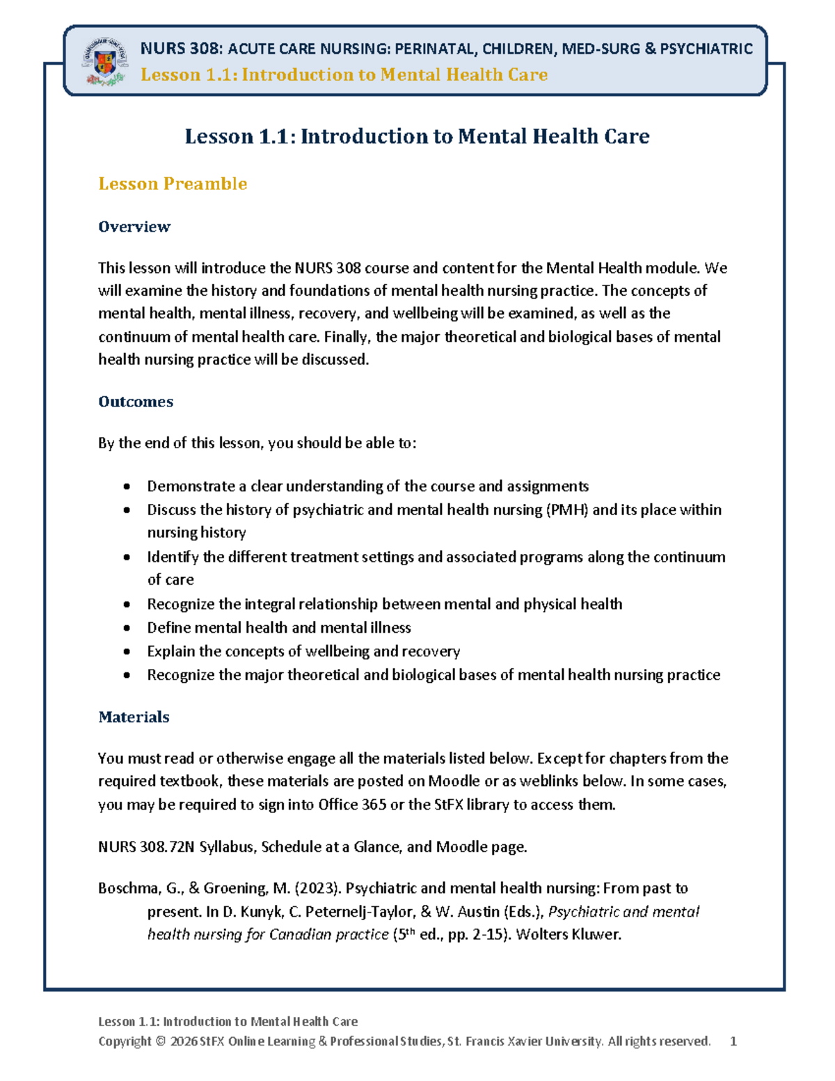 NURS 308: ACUTE CARE NURSING - Lesson 1.1: Intro to Mental Health Care ...