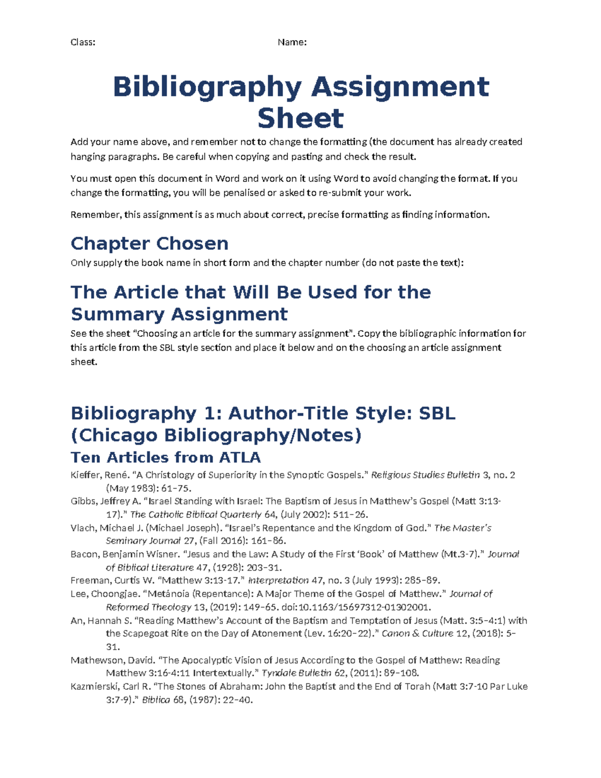 Bibliography Assignment Sheet: SBL Formatting Guidelines - Studocu