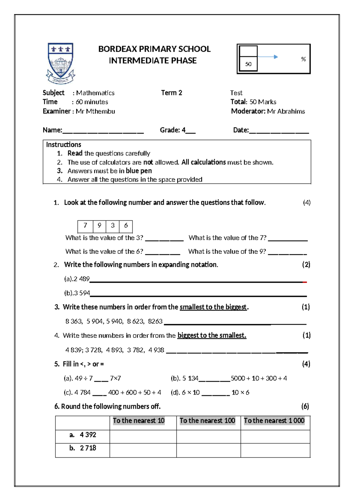 Term 2 Test: Mathematics for Grade 5 at Bordeaux Primary School - Studocu
