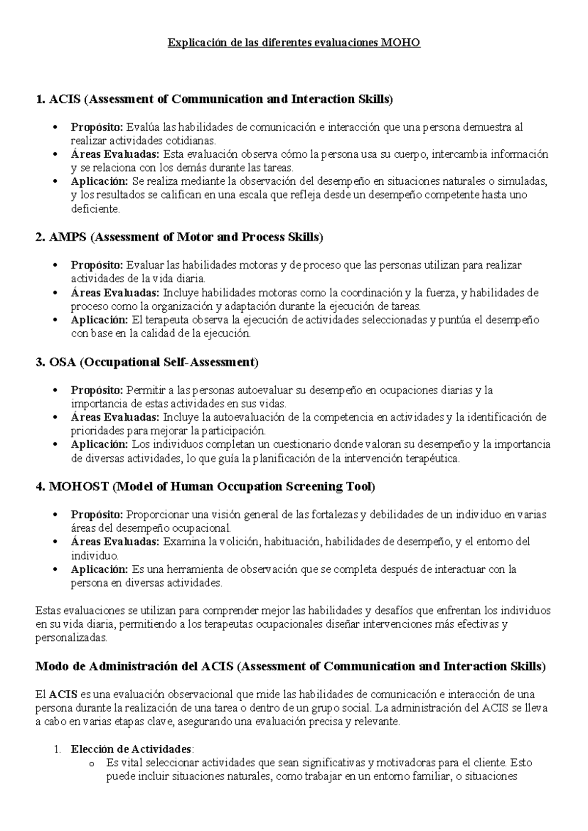 Evaluaciones MOHO: ACIS, AMPS y MOHOST Explicación Detallada - Studocu