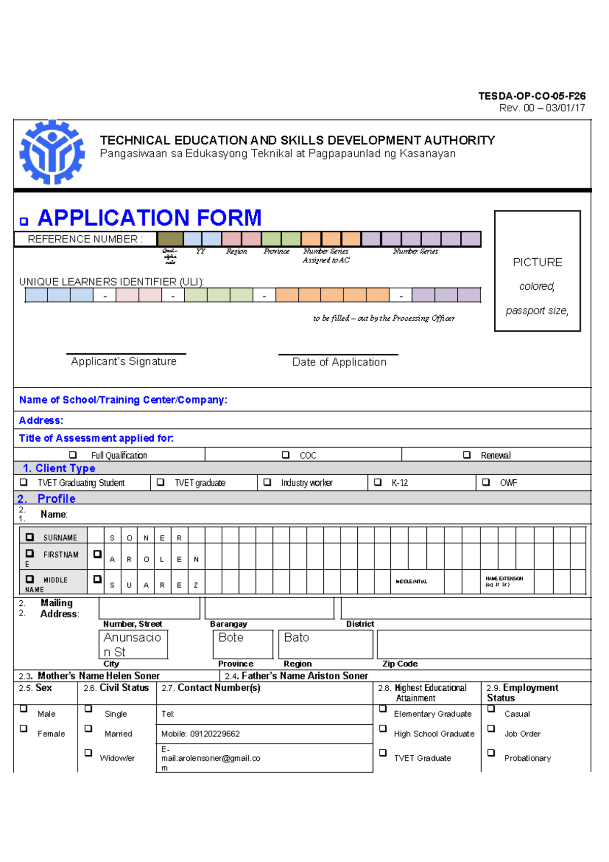 TESDA Competency Assessment Application Form Guidelines - Studocu