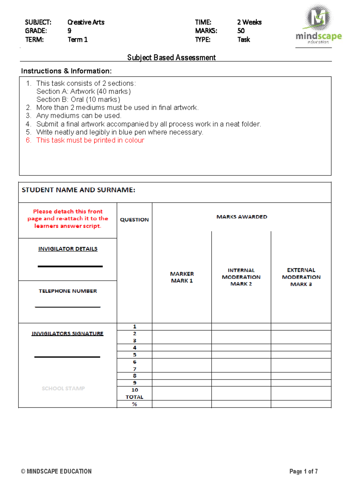 Grade 9 Creative Arts T1: My Perspective Art Task & Rubric - Studocu