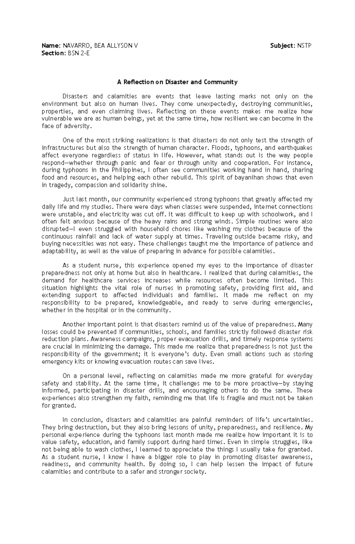 A Reflection on Disaster Preparedness and Community Resilience (NSTP ...