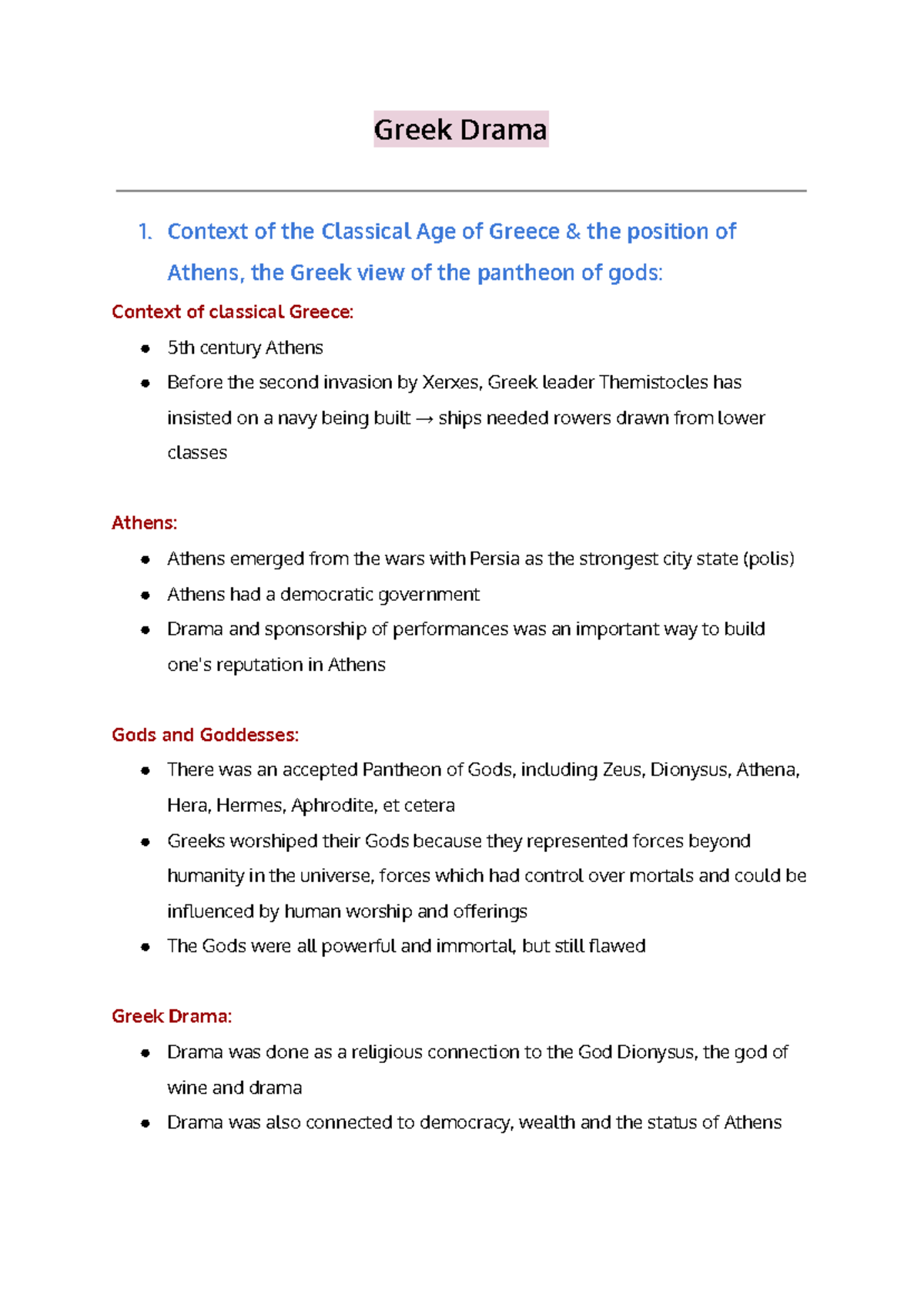 Ancient History Year 11: Greek Drama Study Notes and Context - Studocu