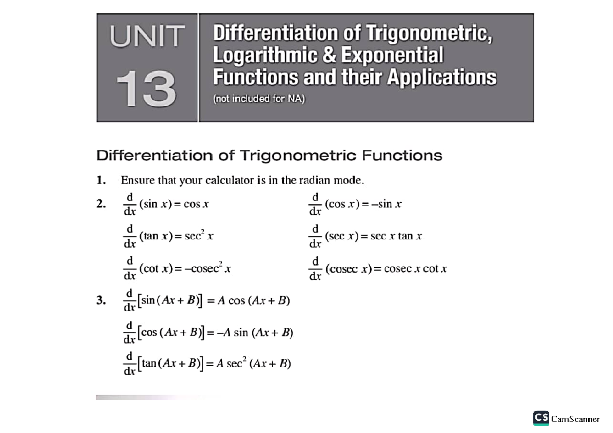 Differentiation & Integration of Trig, Log, Exponential Functions - CED ...