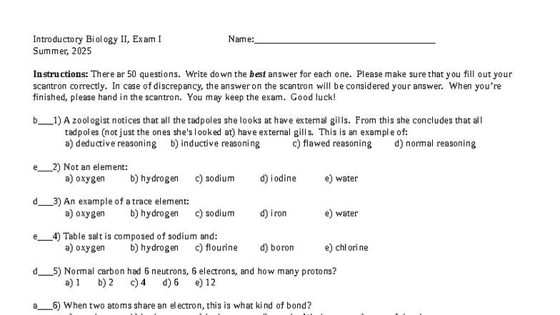 Introductory Biology II, Exam I Summer 2025 - Practice Questions - Studocu