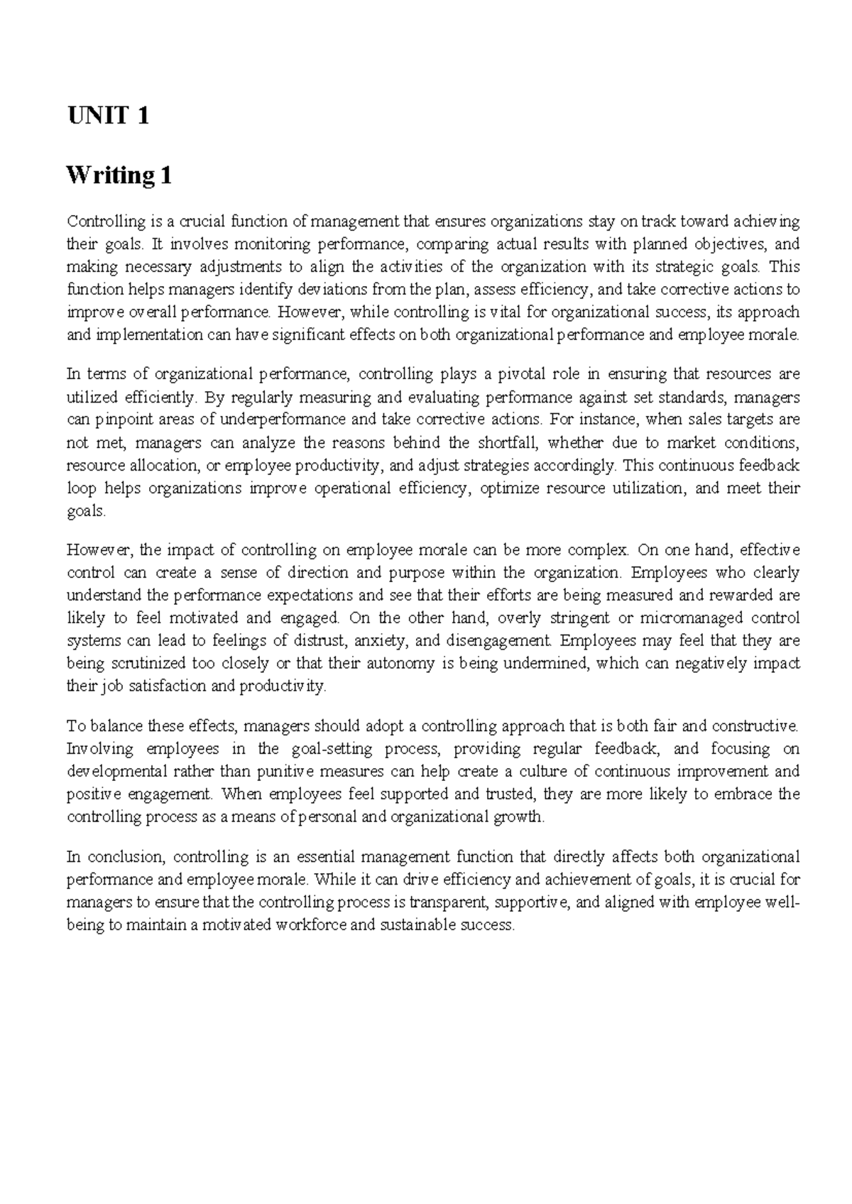 TACN1- Writing samples - UNIT 1 Writing 1 Controlling is a crucial ...