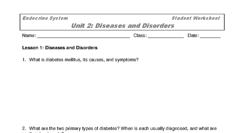 Unit 2: Endocrine System Diseases & Disorders Worksheet - Studocu