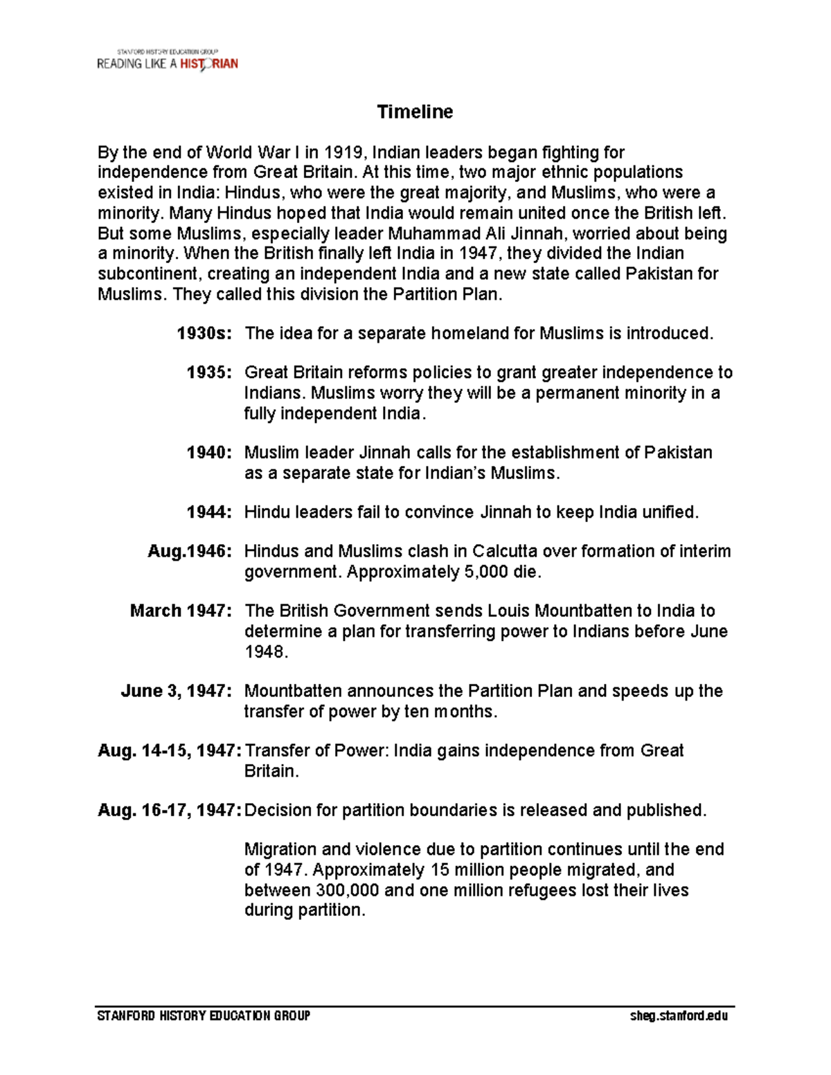 India Partition: Key Events and Perspectives on the 1947 Division - Studocu