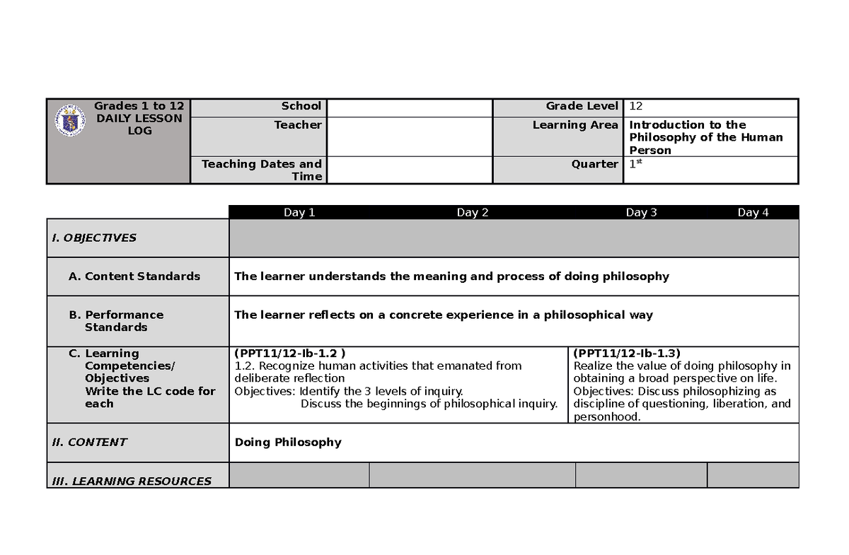 PPT Week b - Philosophical Inquiry - Grades 1 to 12 DAILY LESSON LOG ...