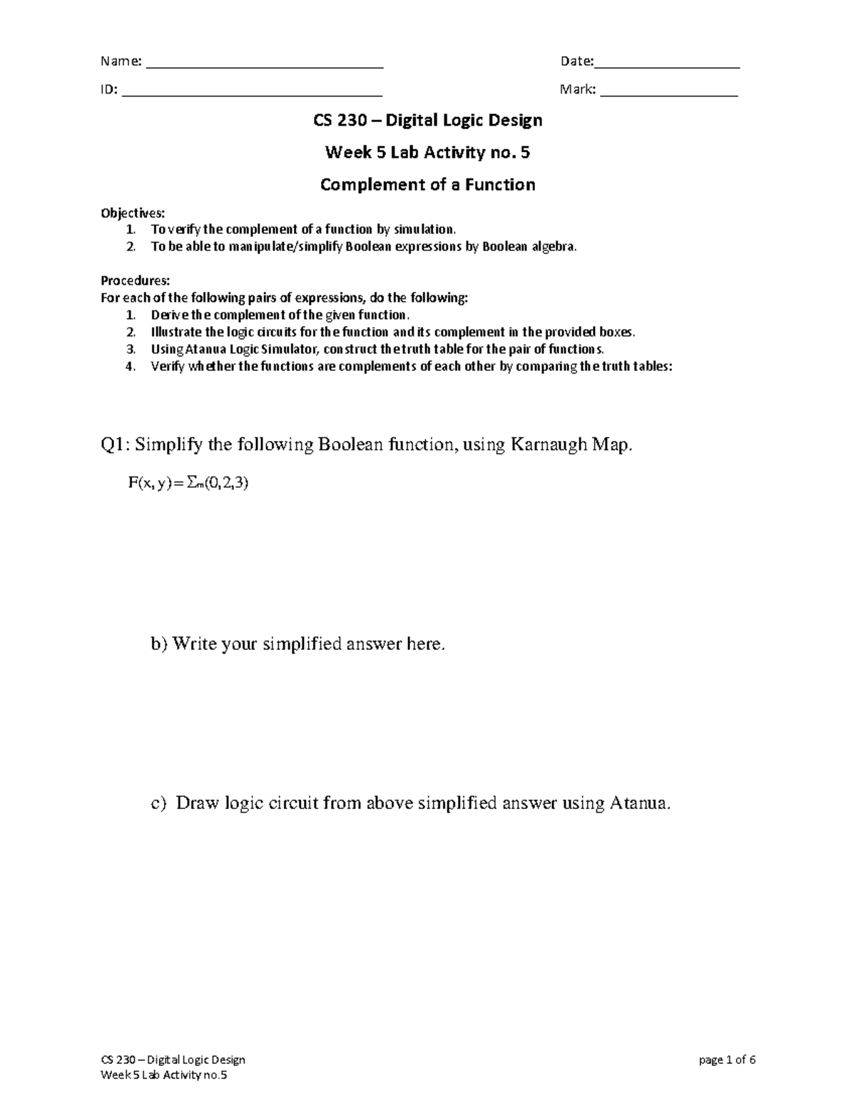 CS 230 Digital Logic Design Week 5 Lab Activity: Function Complements ...
