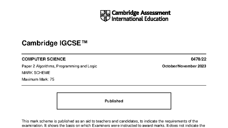 Cambridge IGCSE 0478 w23 Paper 2 Algorithms & Logic Mark Scheme - Studocu