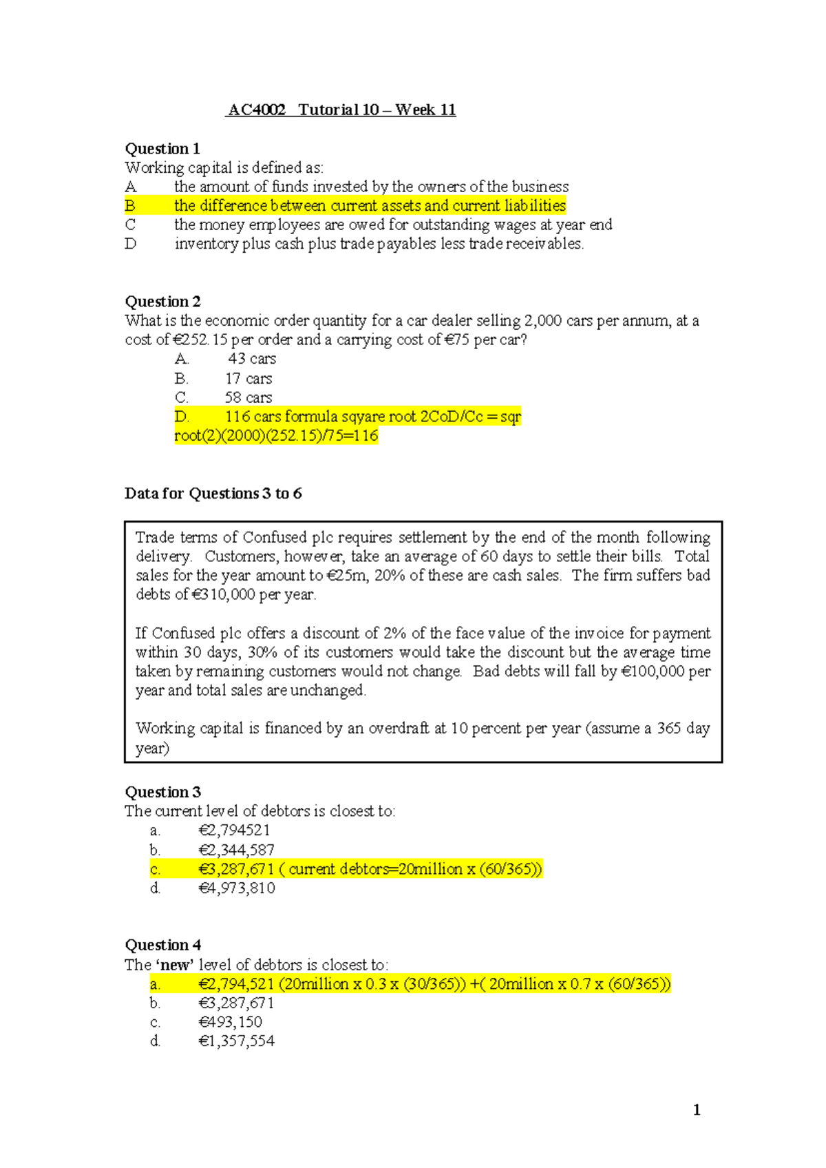 AC4002 Tutorial 10: Week 11 Working Capital & Economic Order Quantity ...