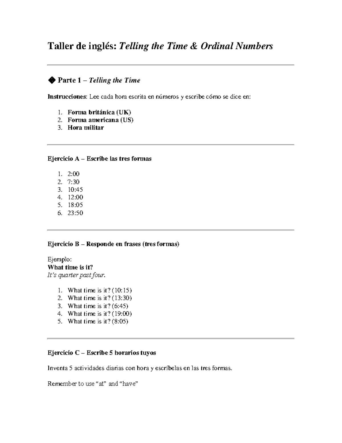 Taller de Inglés: Telling the Time & Ordinal Numbers Parte 1 - Studocu