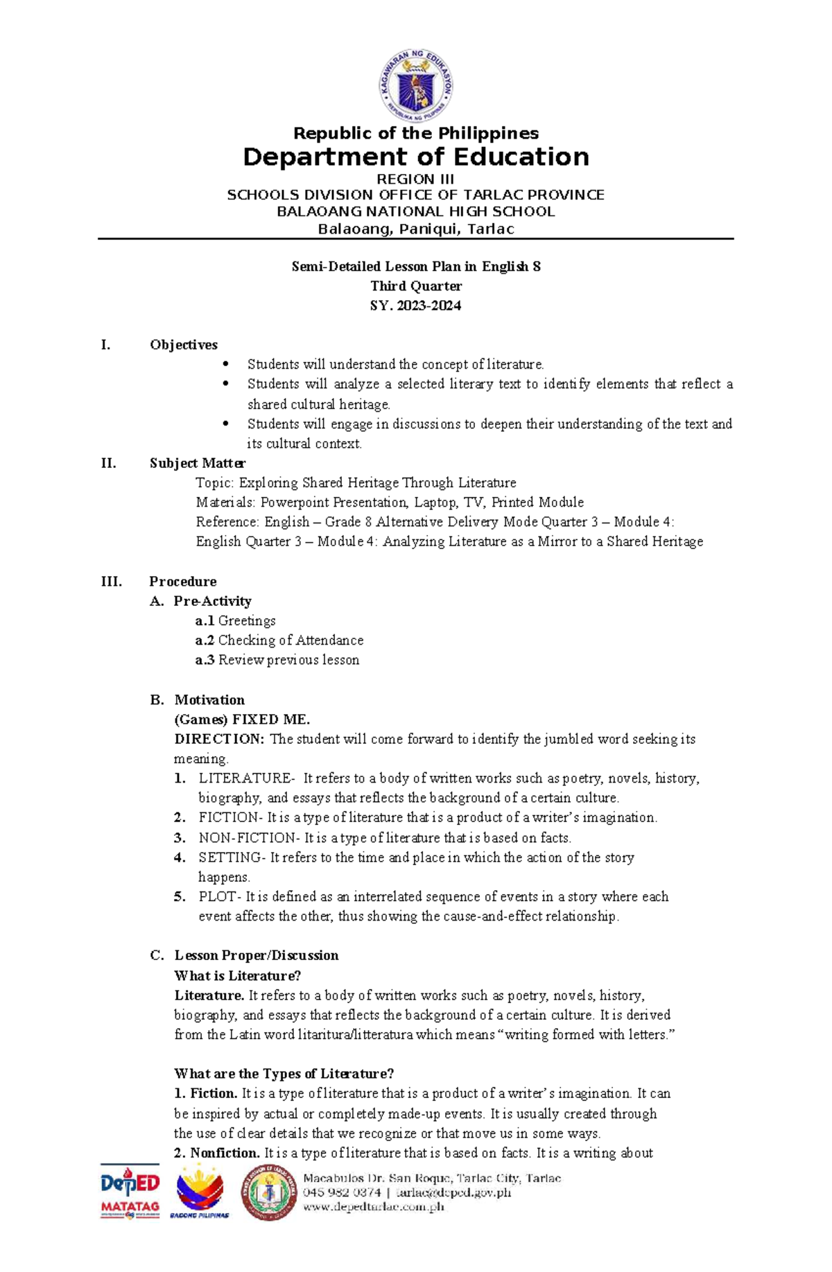 Q3 Lesson Plan: Exploring Shared Heritage Through Literature (Eng 8 ...