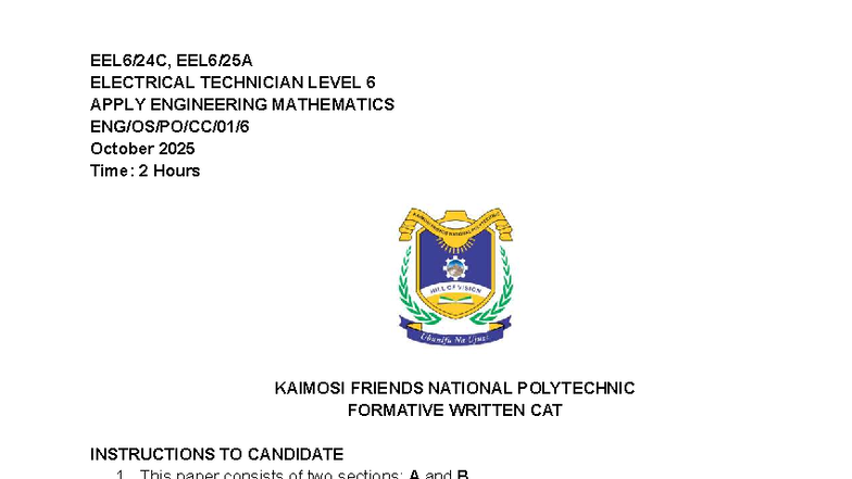 ELECTRICAL TECHNICIAN LEVEL 6: MATH CAT REVISION 24C Term 3 2025 - Studocu
