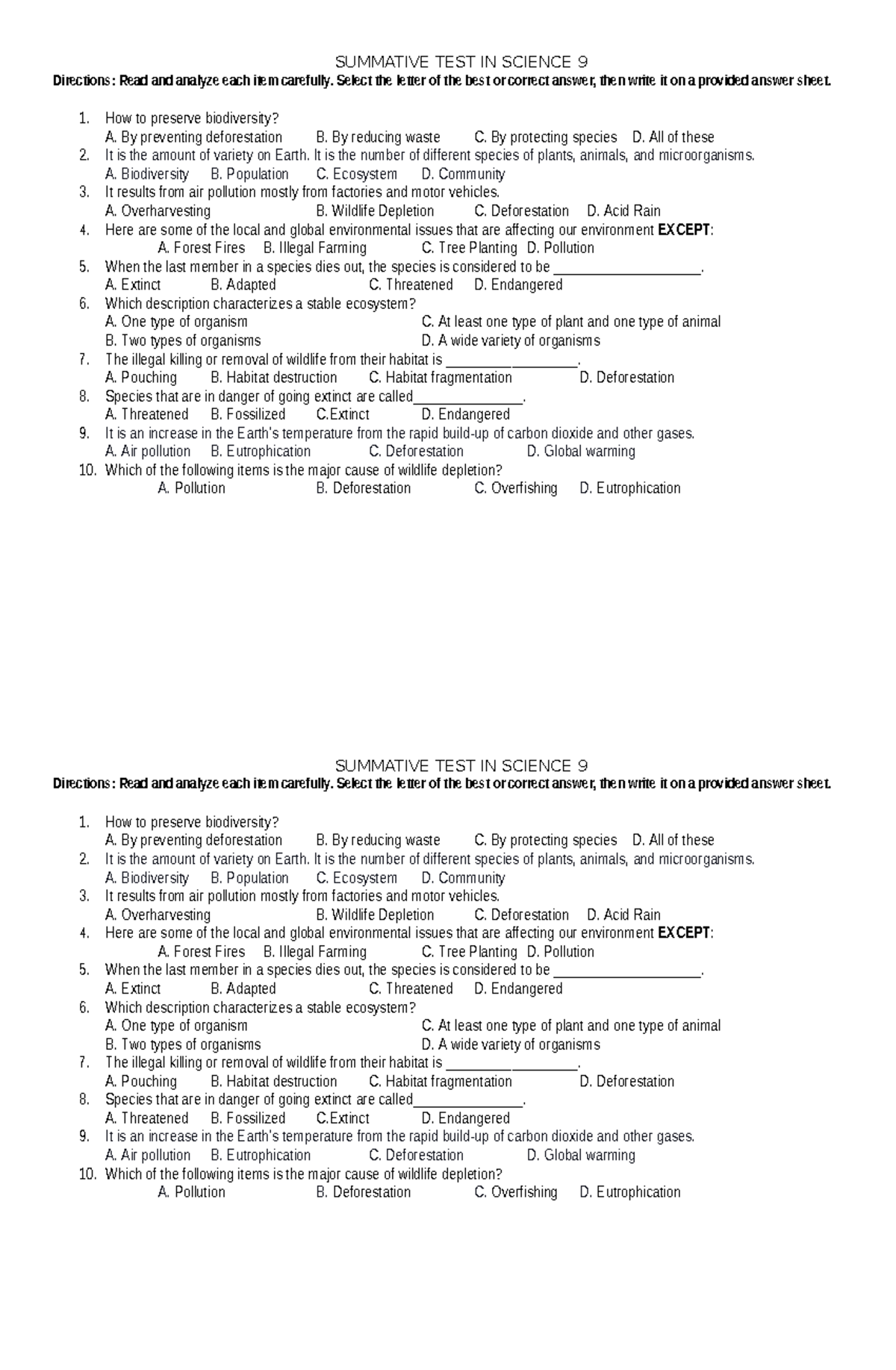 Science 9 Biodiversity Summative Test Questions & Answers - Studocu