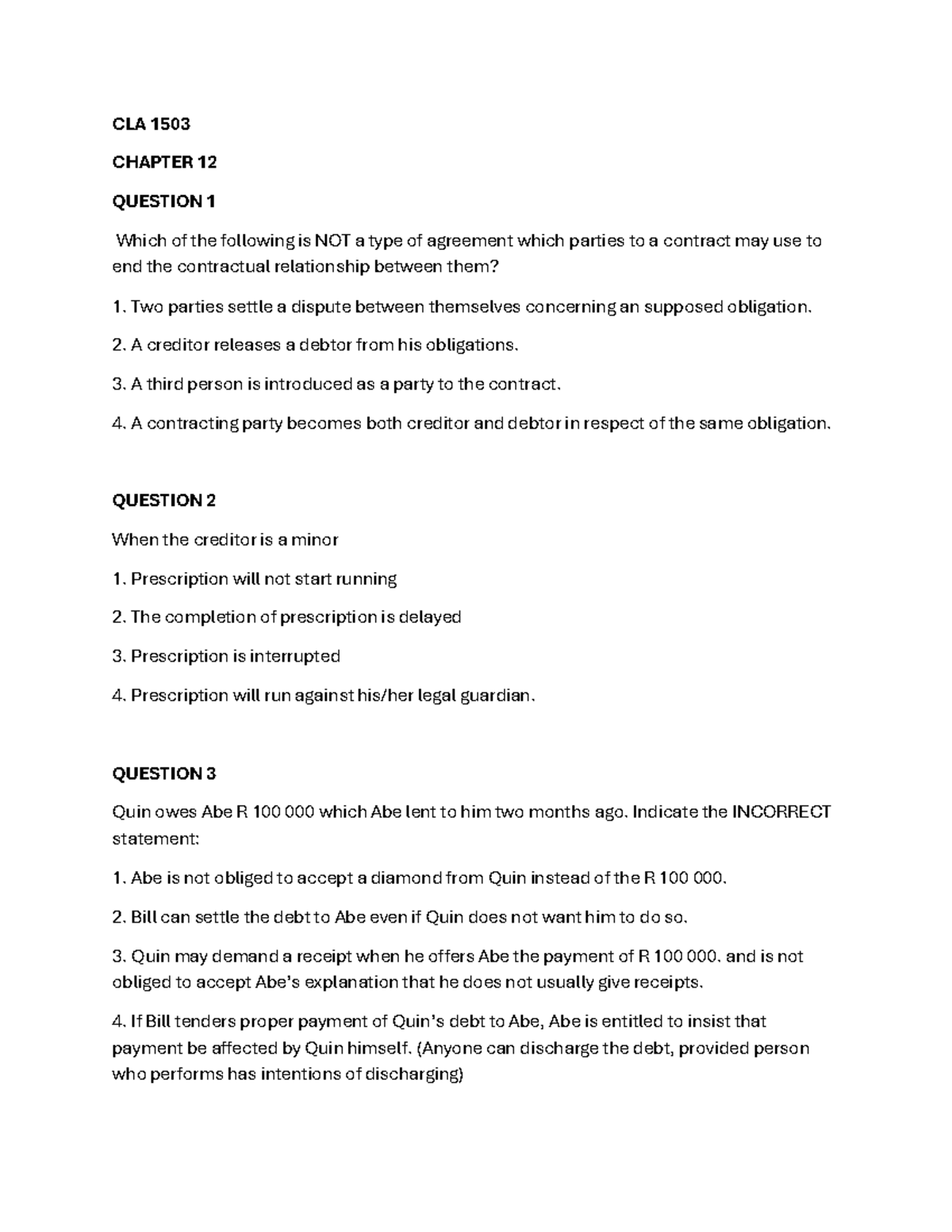 CLA 1503 CHAPTER 12 & 14 CONTRACTS PRACTICE QUESTIONS - Studocu