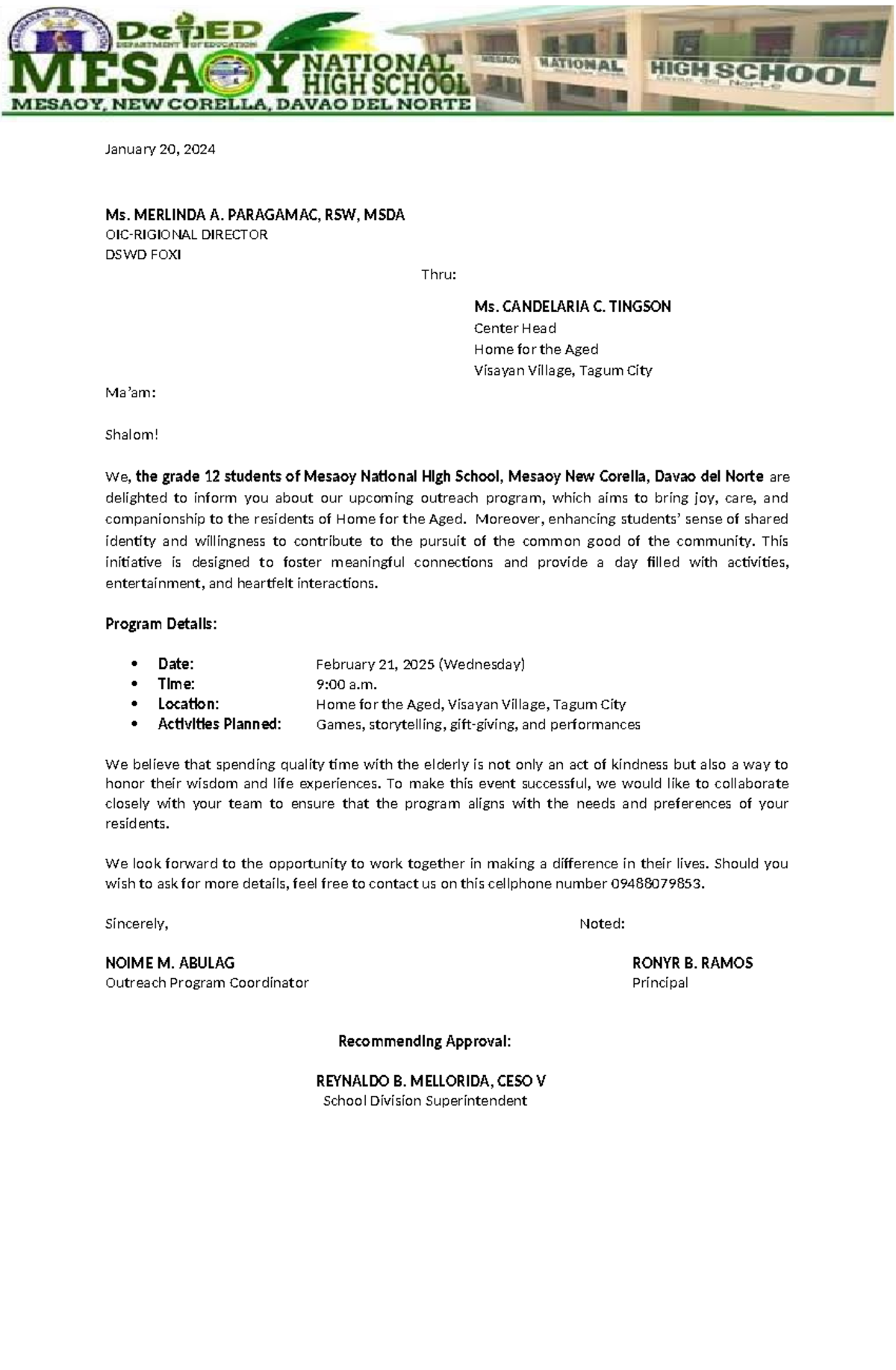 Grade 12 Outreach Program Proposal: A Day of Joy for the Elderly - Studocu