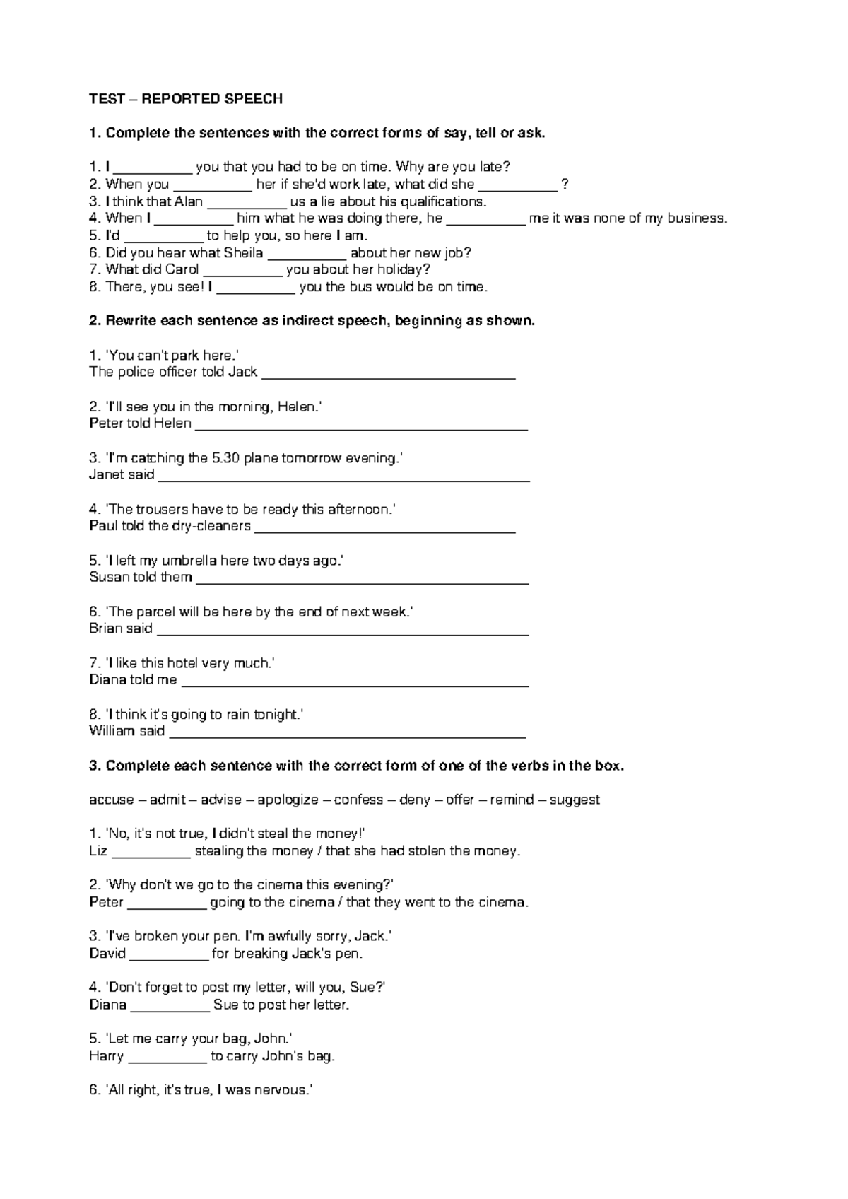 Reported Speech Practice - TEST REPORTED SPEECH - Studocu