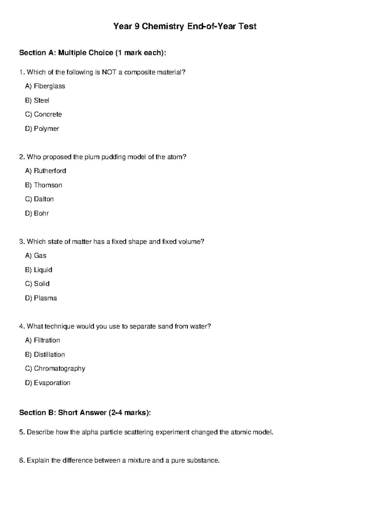 Year 9 Chemistry End of Year Test: Multiple Choice & Short Answer - Studocu