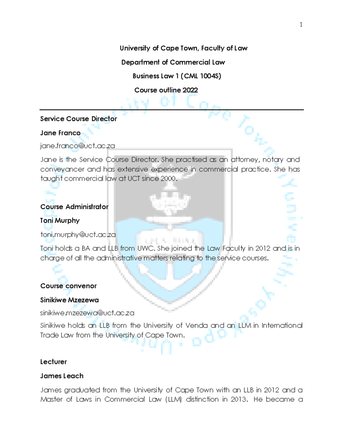 CML 1004S Business Law Course Outline for 2022 at UCT - Studocu
