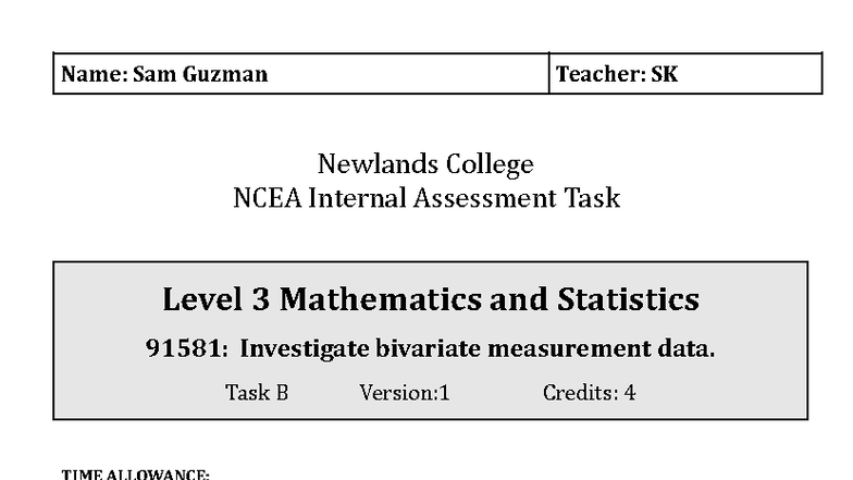 Level 3 Mathematics & Stats 91581: Bivariate Data Investigation Report ...