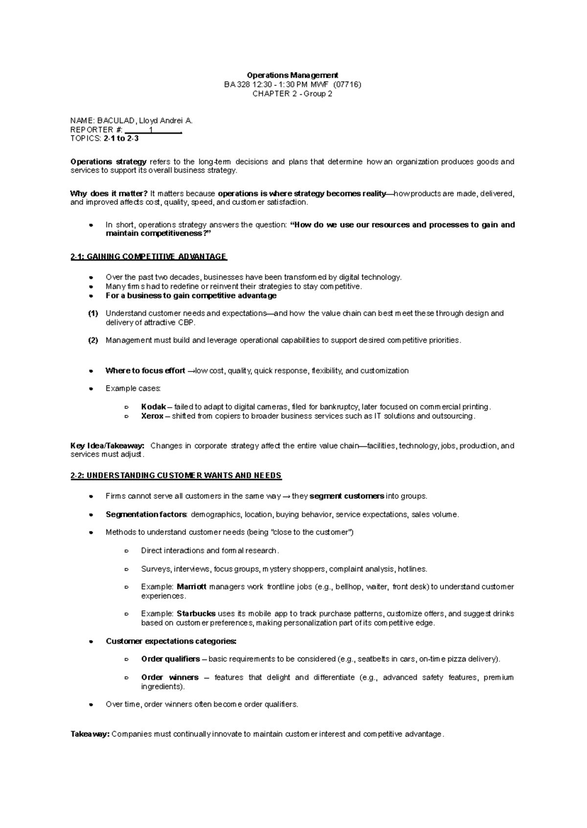Operations Management BA 328 Chapter 2: Competitive Priorities ...