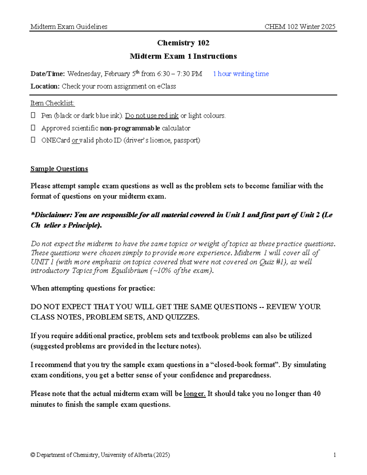 Sample midterm exam 1 guidelines for CHEM 102 Winter 2025 - Studocu
