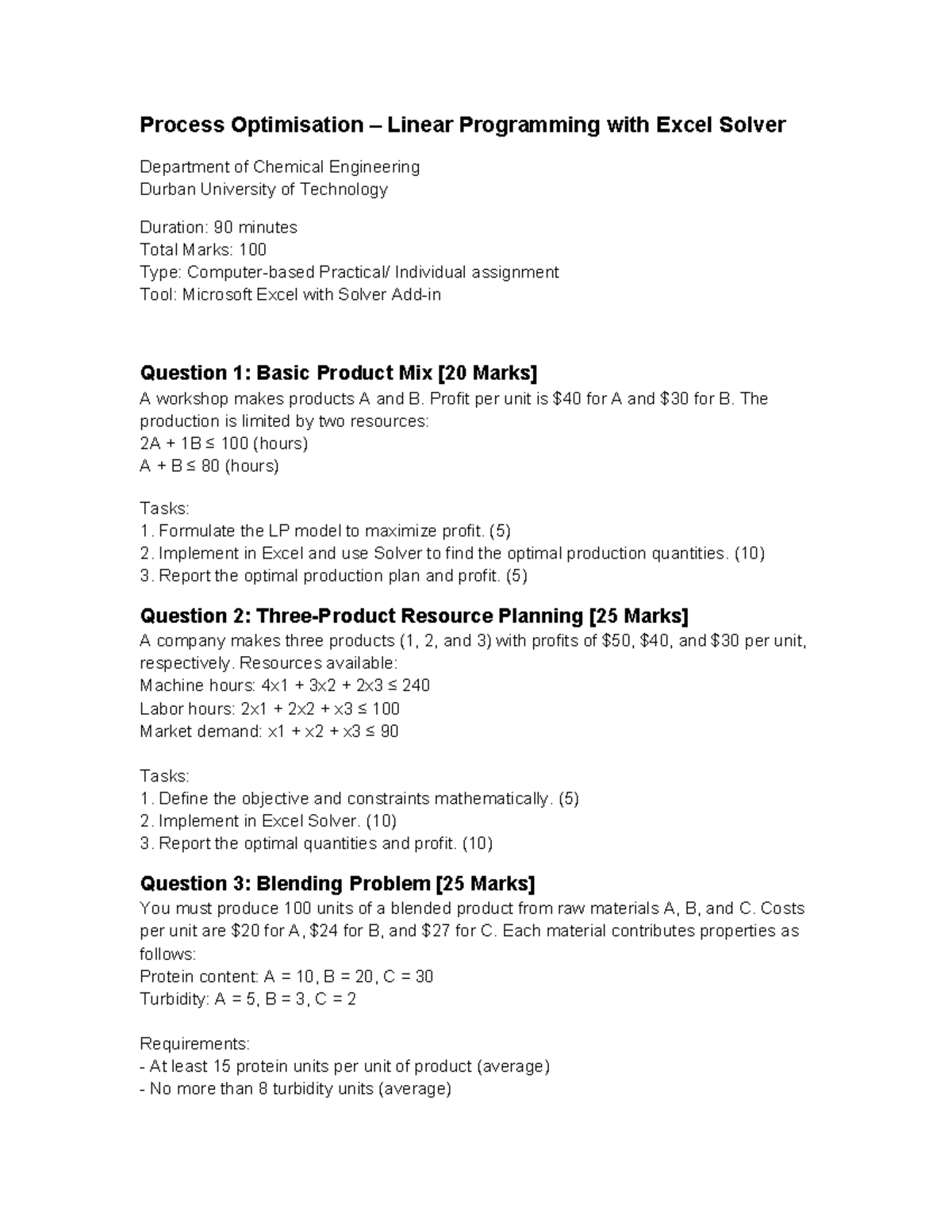 LP Excel Solver Exam Practice - Process Optimization Assignment - Studocu