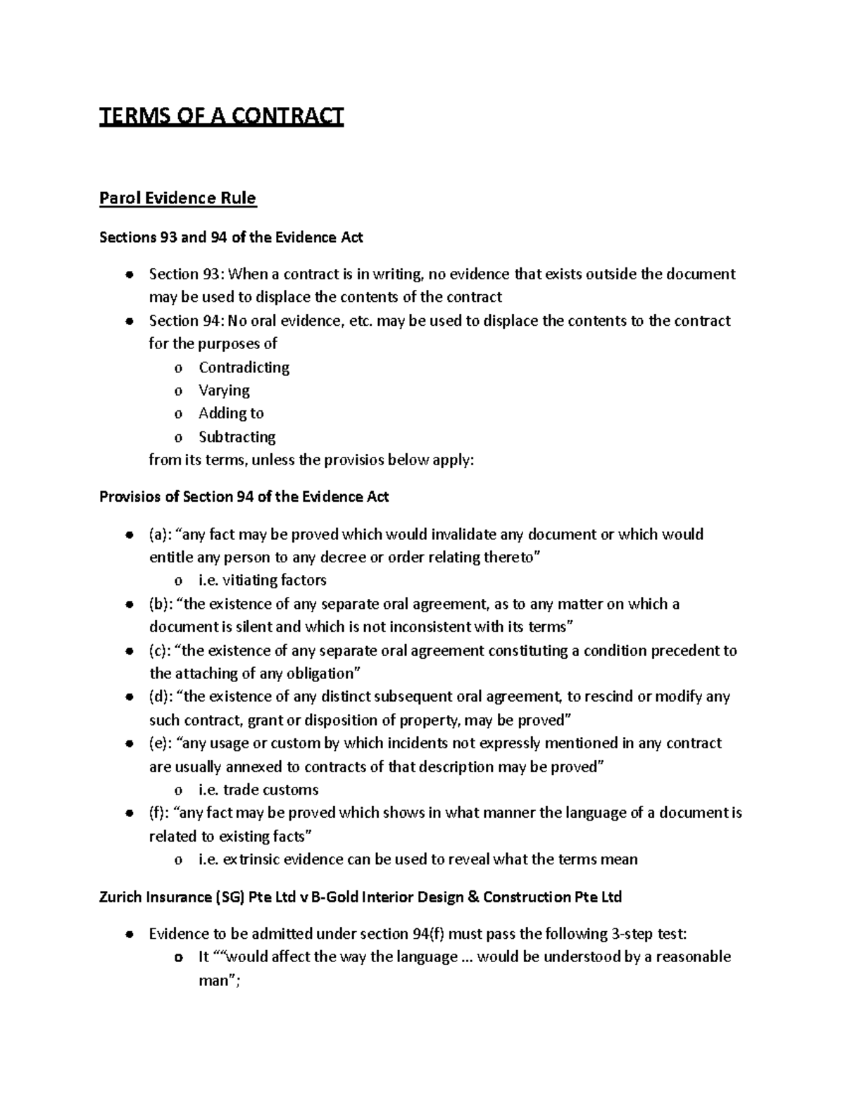 Midterm Notes on Contract Terms and Parol Evidence Rule - Studocu