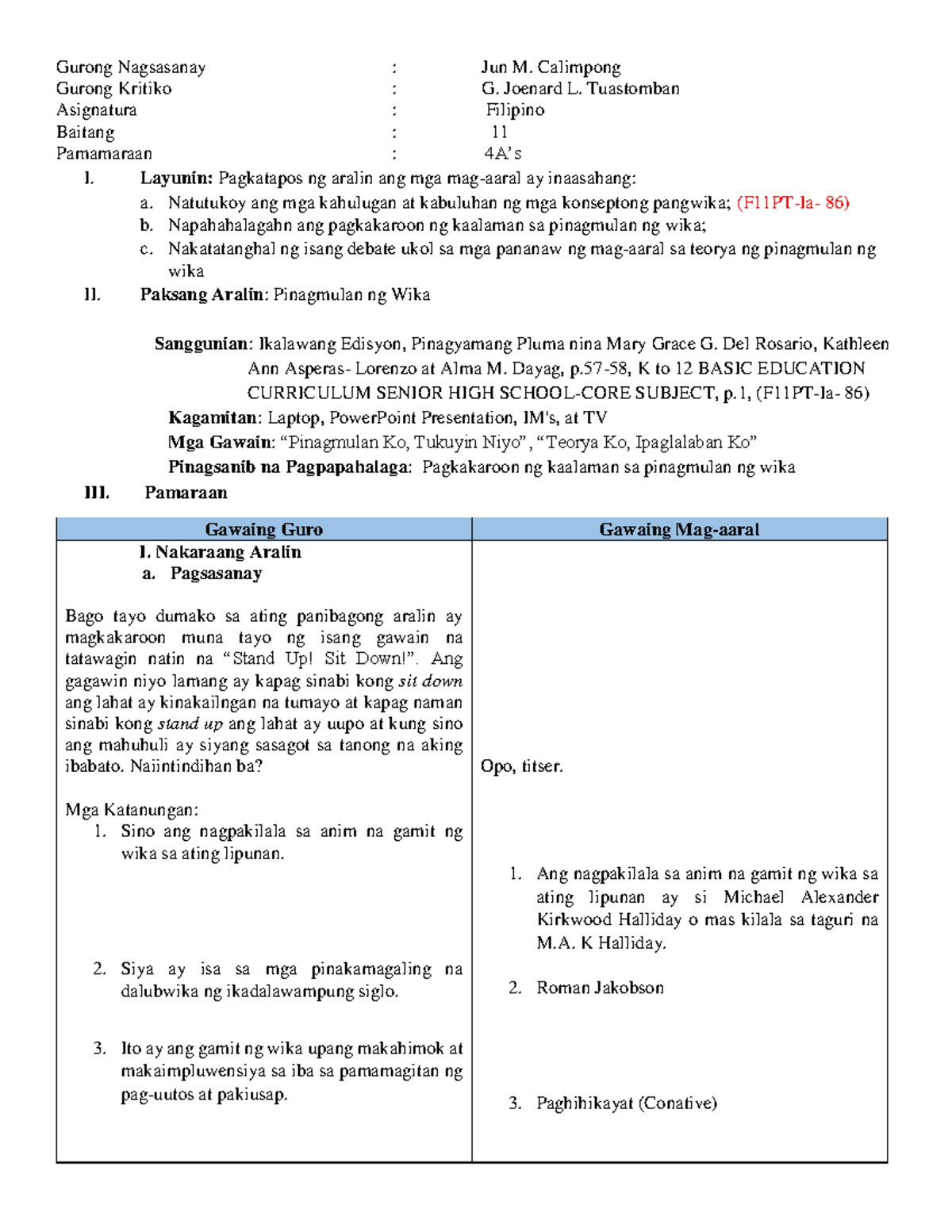 Grade 11 Filipino Lesson Plan on Pinagmulan ng Wika - Studocu