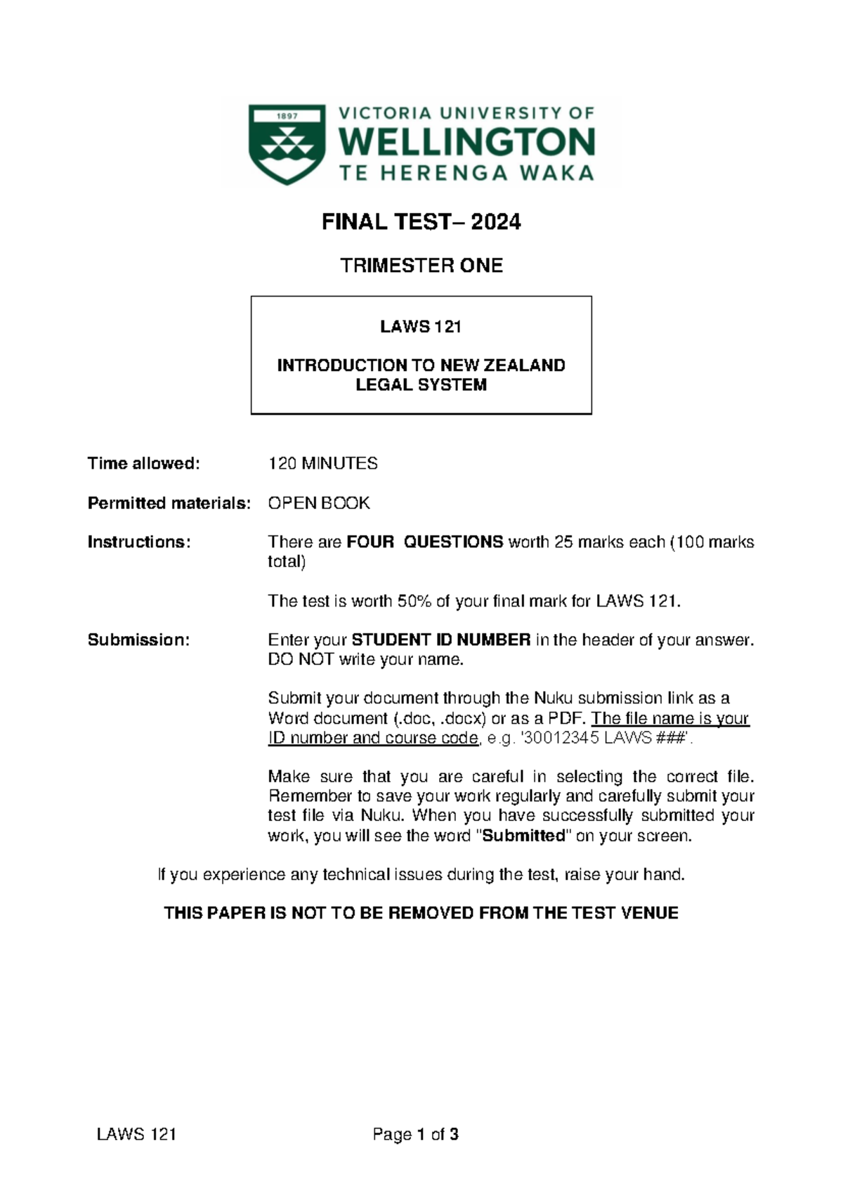 FINAL 2024 LAWS 121 PRACTICE TEST: INTRO TO NZ LEGAL SYSTEM - Studocu