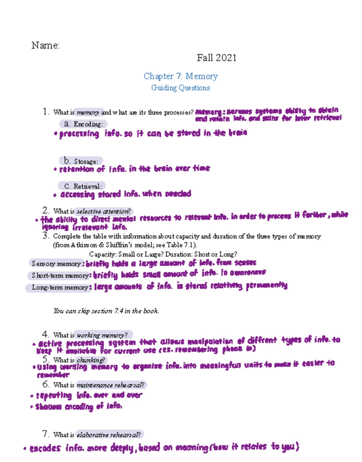 Chapter 7 Memory: Key Concepts and Guiding Questions for Review - Studocu
