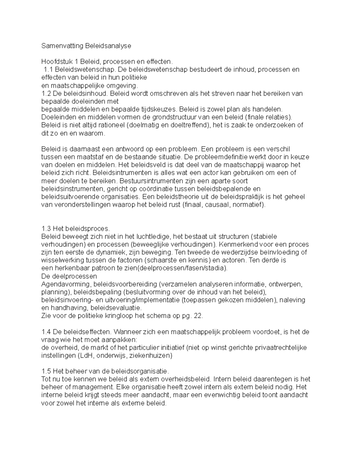 Samenvatting - Beleid en Processen in Beleidsanalyse (Hoofdstuk 1 & 2 ...