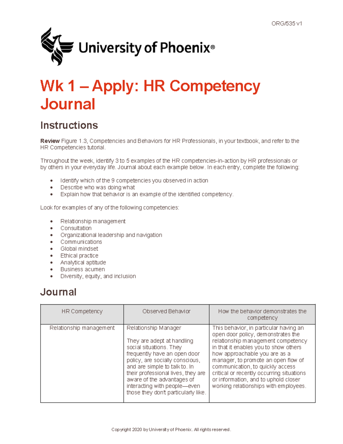 Journal - ORG/535 v Wk 1 – Apply: HR Competency Journal Instructions ...