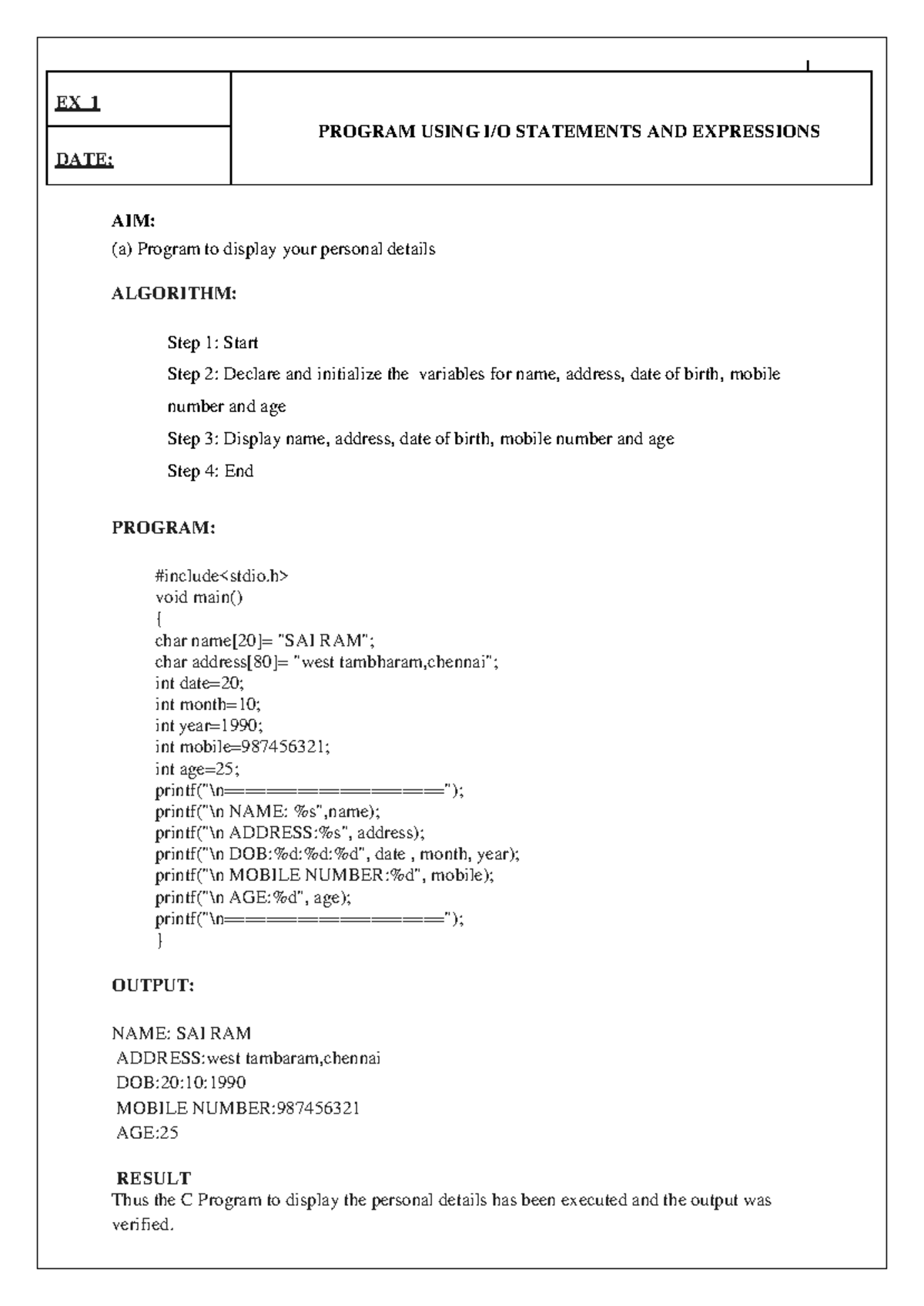 C Programming Lab Manual: Exercises and Algorithms - Studocu