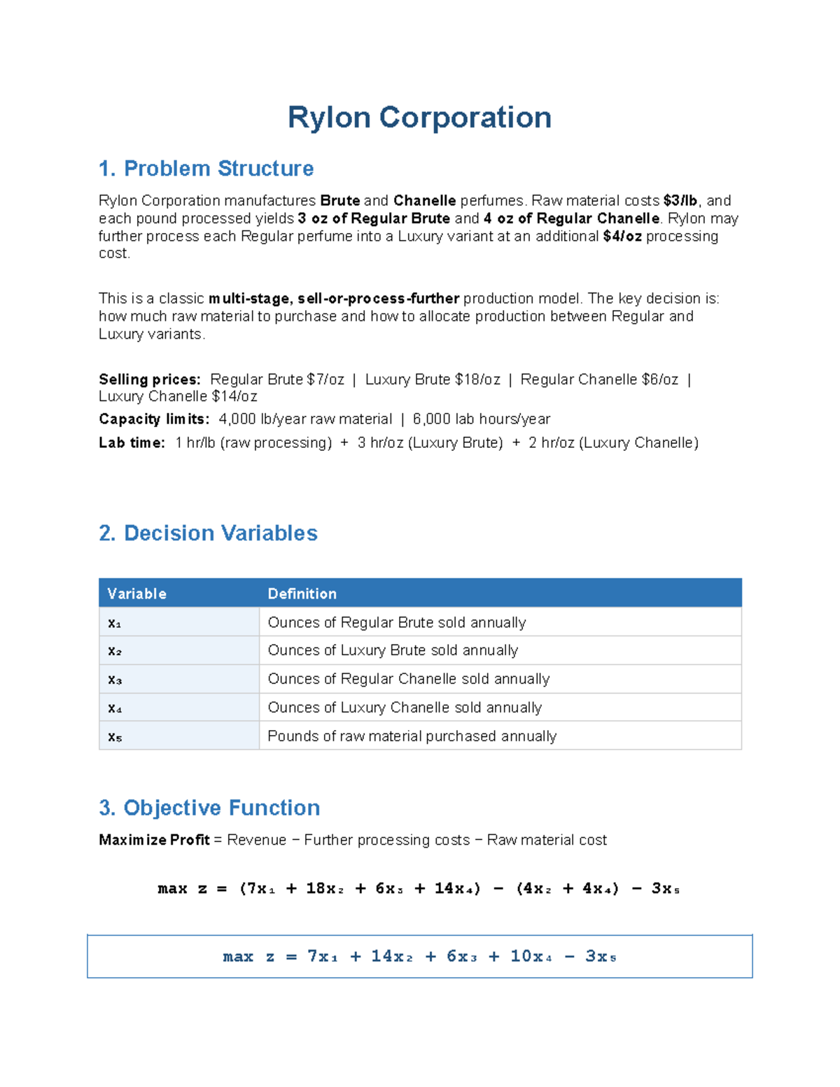 Rylon Corp Production Model: Profit Maximization Formulation - Studocu