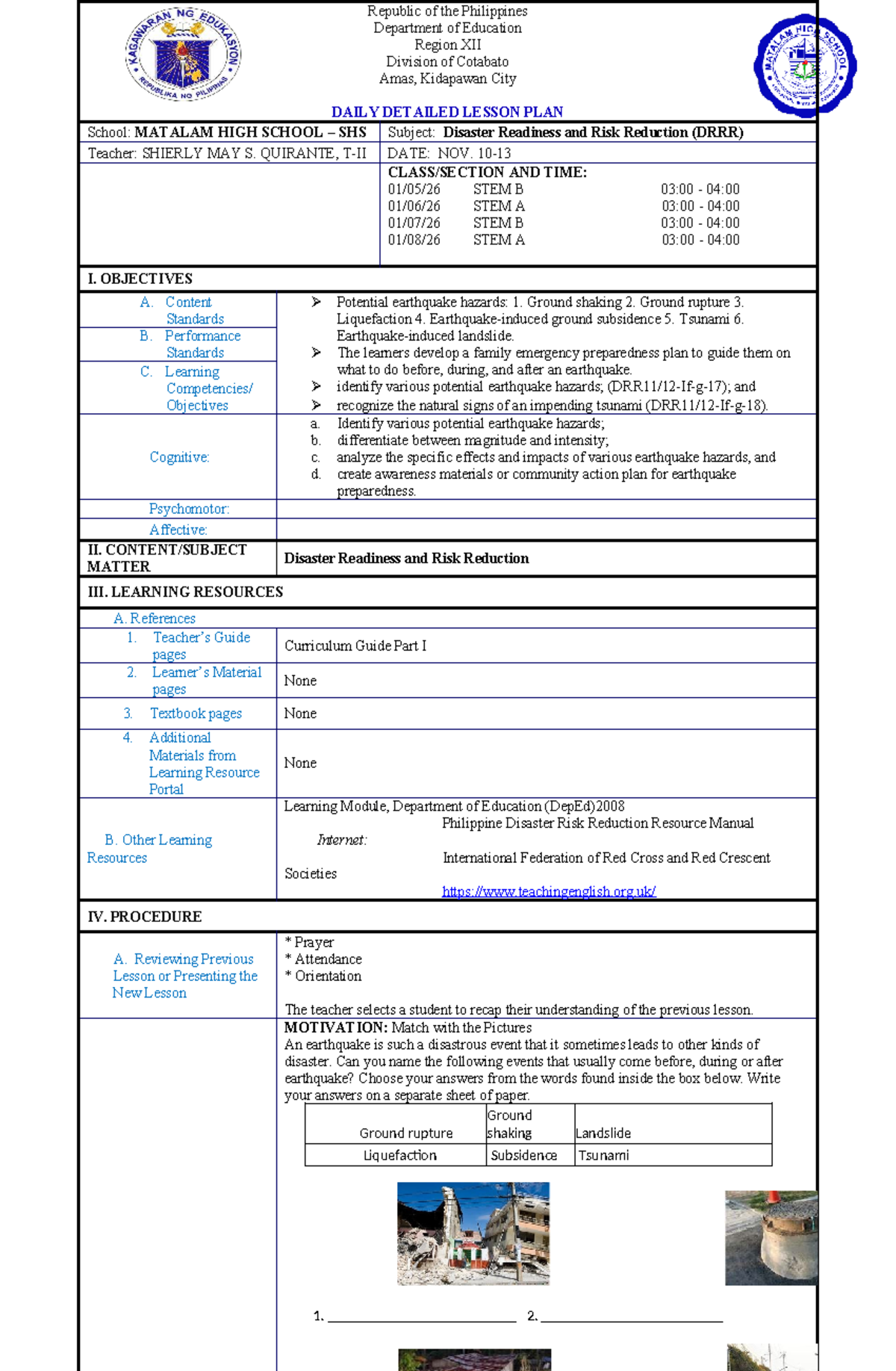 DRR Lesson Plan Week 4 - Matalam HS SHS (STEM) - Studocu