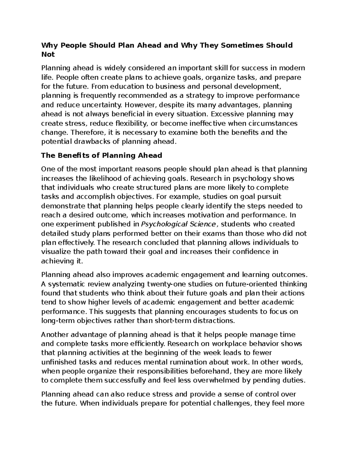 The Pros and Cons of Planning Ahead: A Comprehensive Analysis - Studocu