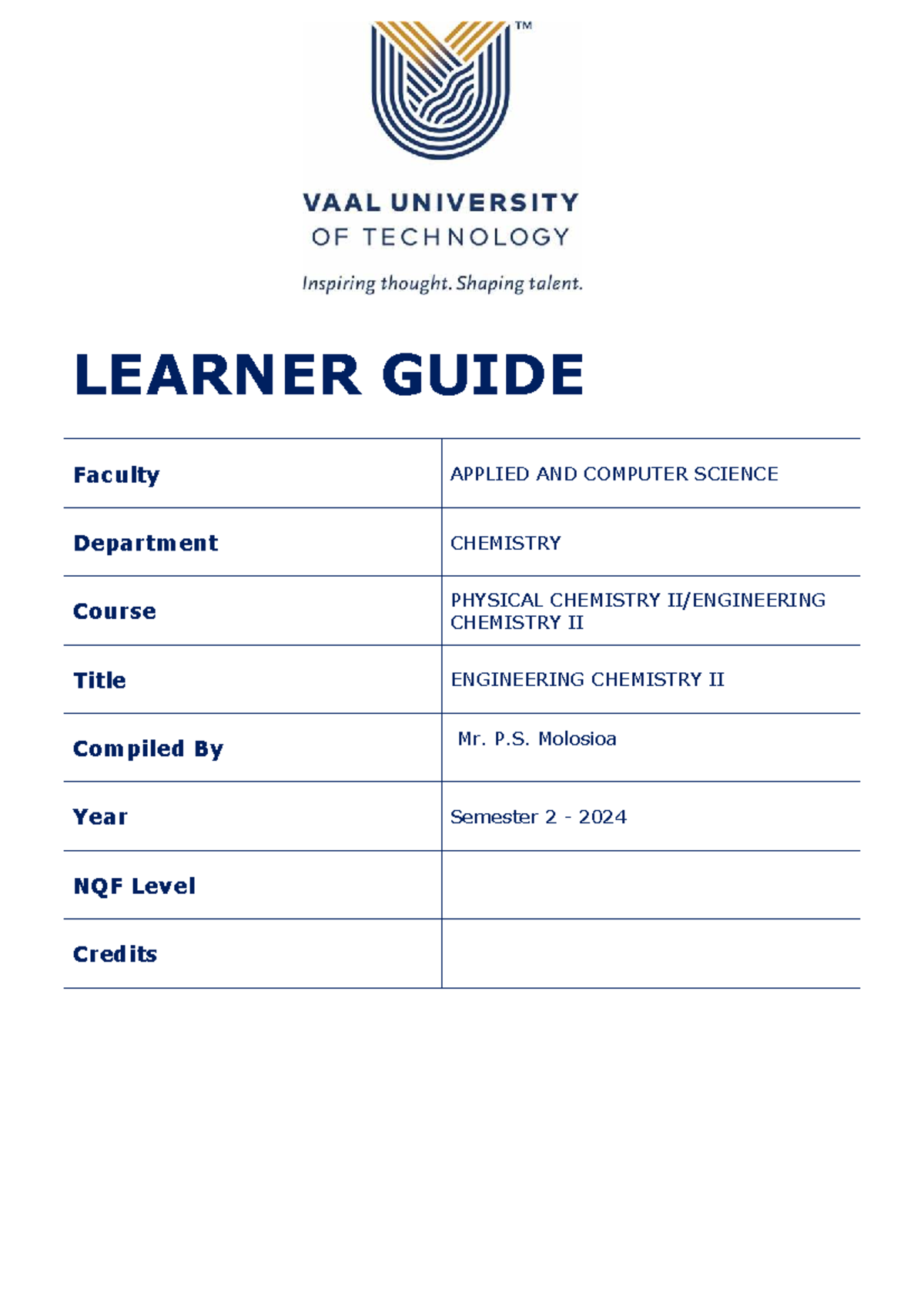 Engineering Chemistry II Learner Guide (CHEM 2024) - Studocu