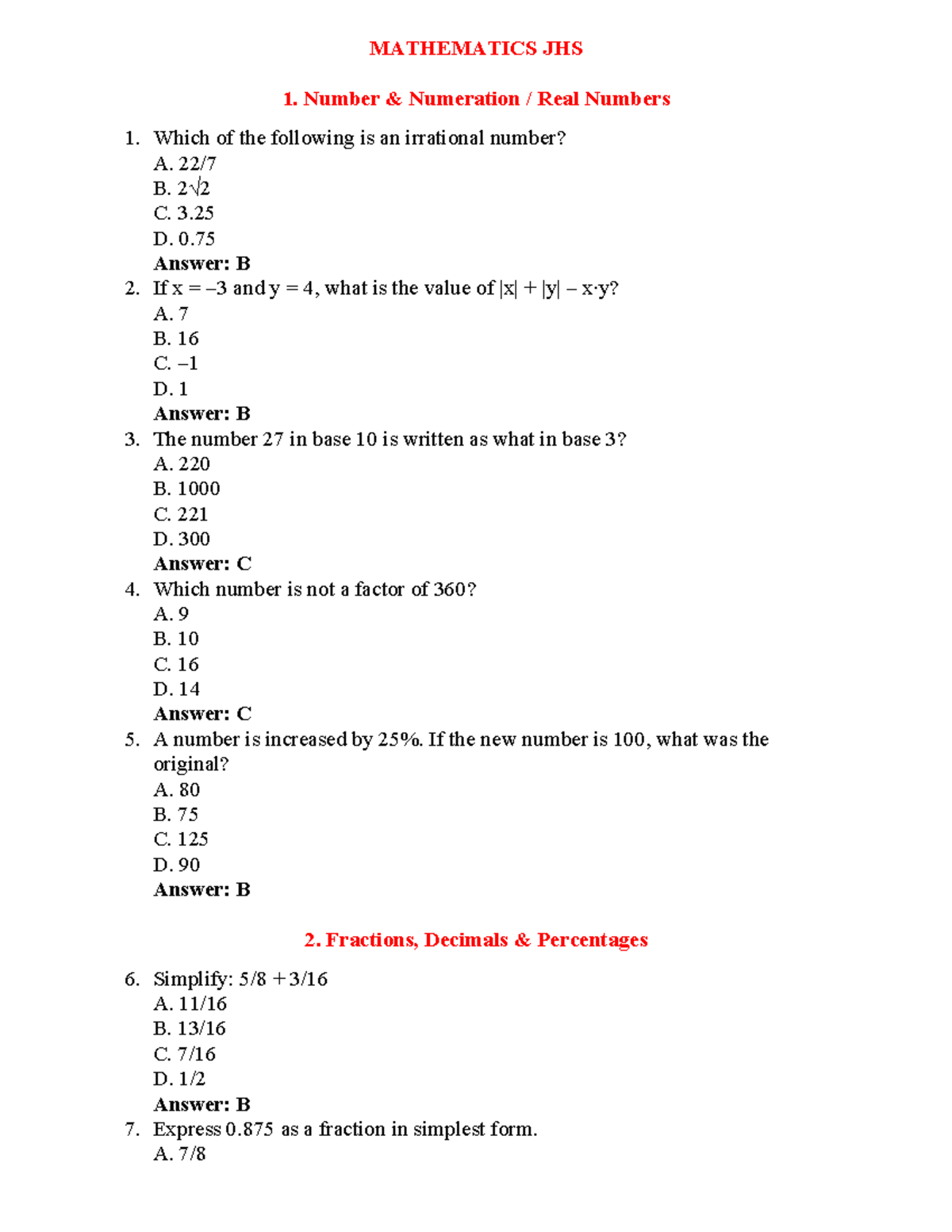 Mathematics JHS 1: Past Questions and Answers Guide - Studocu