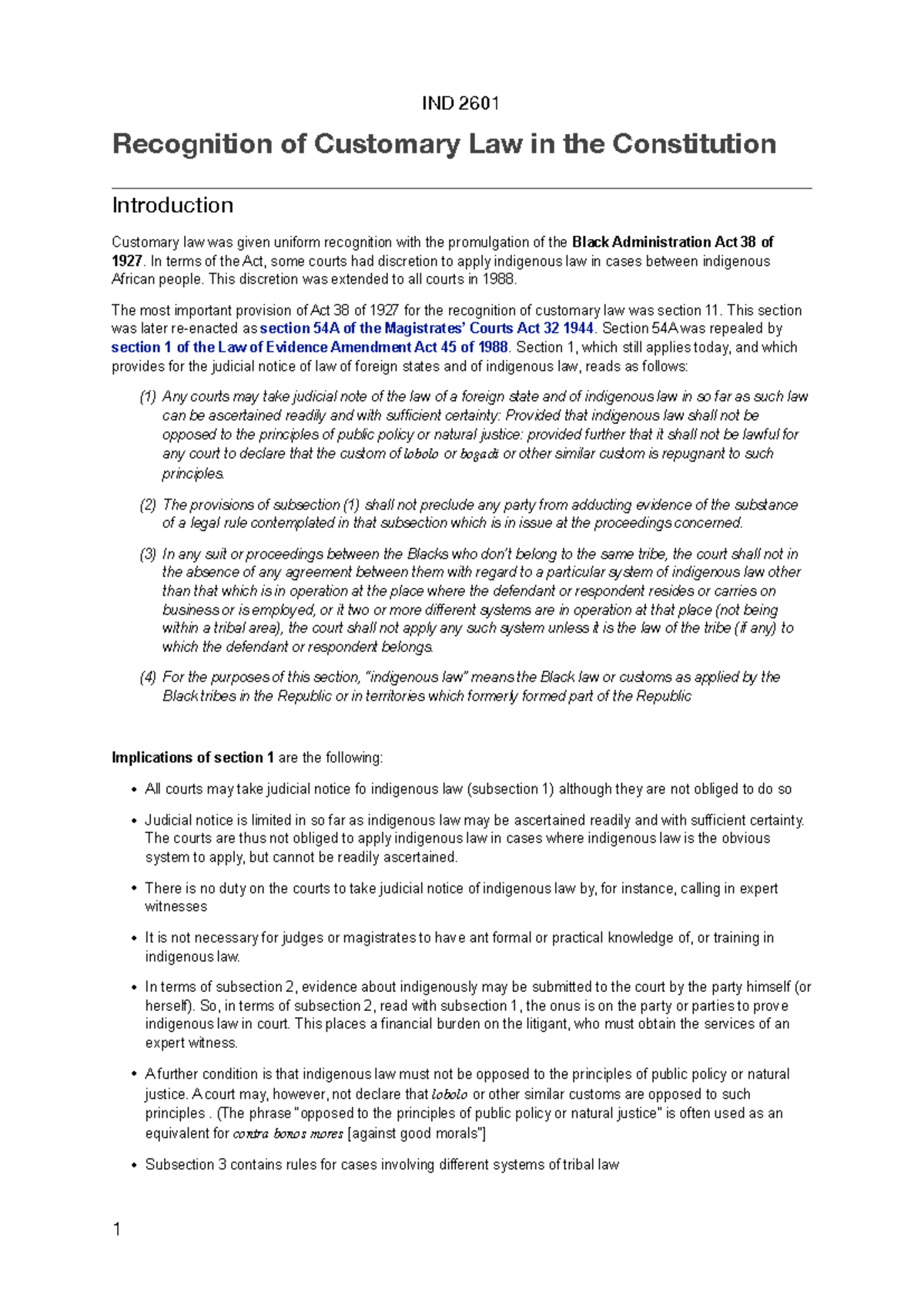 Recognition of Customary Law in the South African Constitution - Studocu