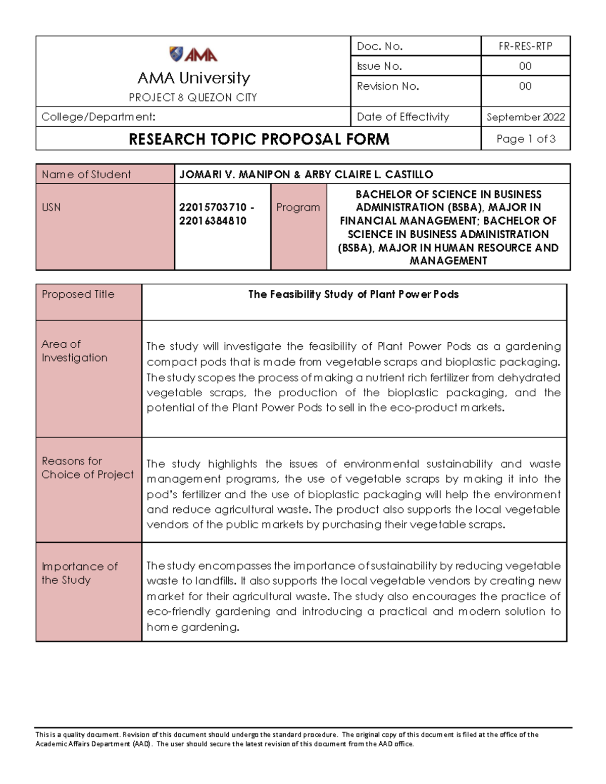 FR-RES-RTP Research Topic Proposal Form The Feasibility Study of Plant ...