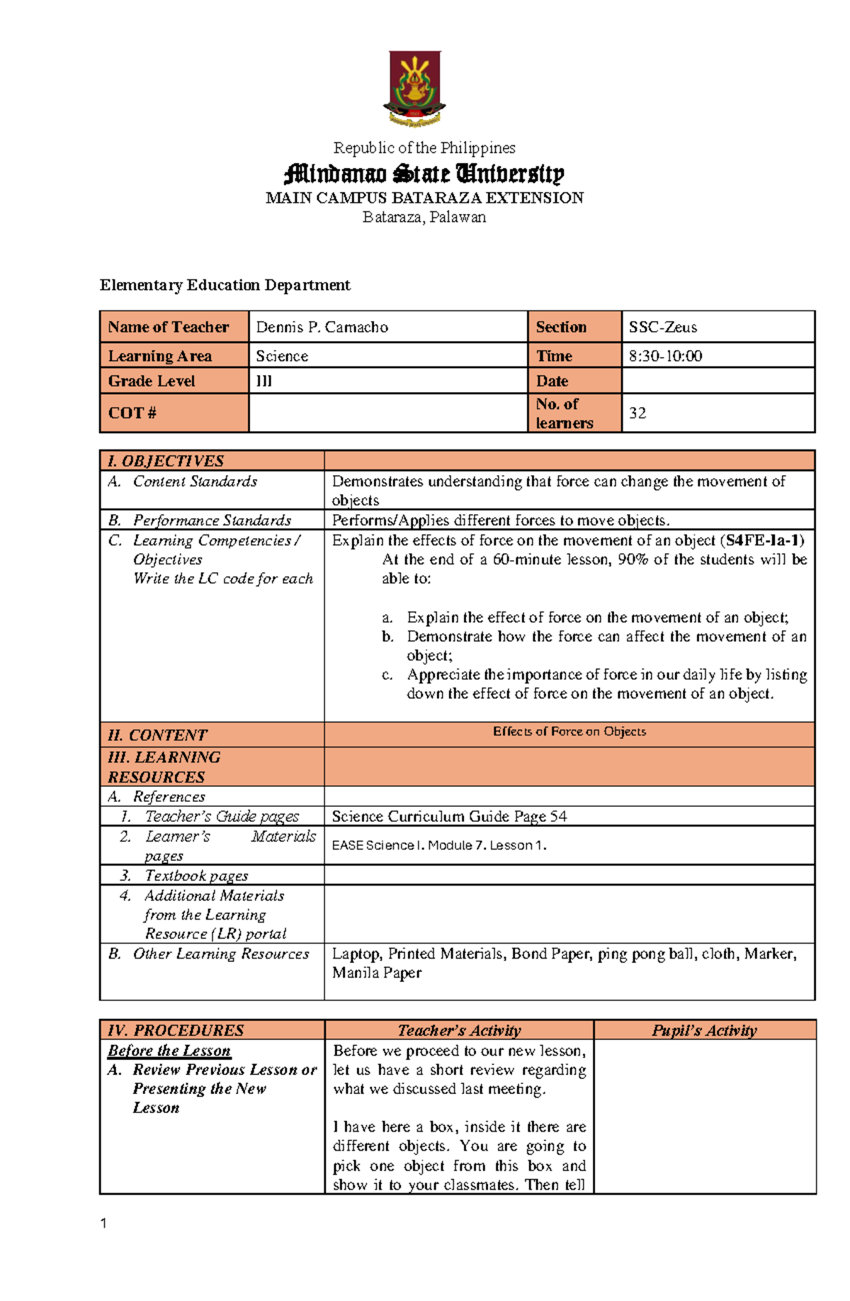 Science Lesson Plan: The Effects of Force on Objects (Grade III) - Studocu
