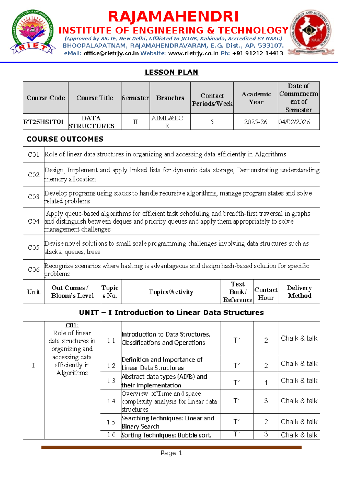 Lesson Plan for RT25HS1T01: Data Structures II E - Studocu
