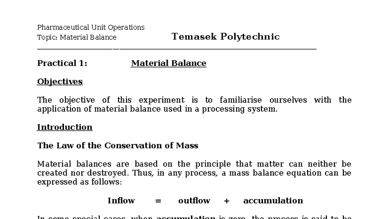 Pharmaceutical Unit Operations: Practical 1 Mass Balance AY2223 - Studocu