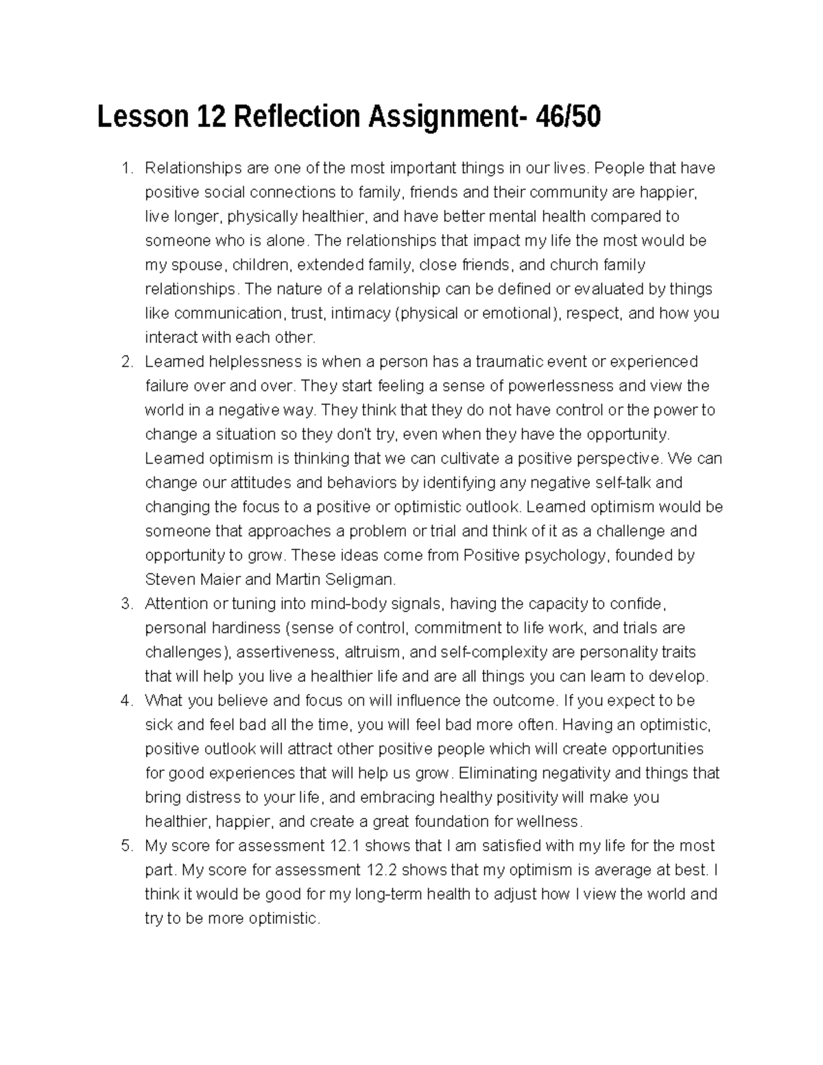 Lesson 12 Reflection Assignment - Lesson 12 Reflection Assignment- 46 ...